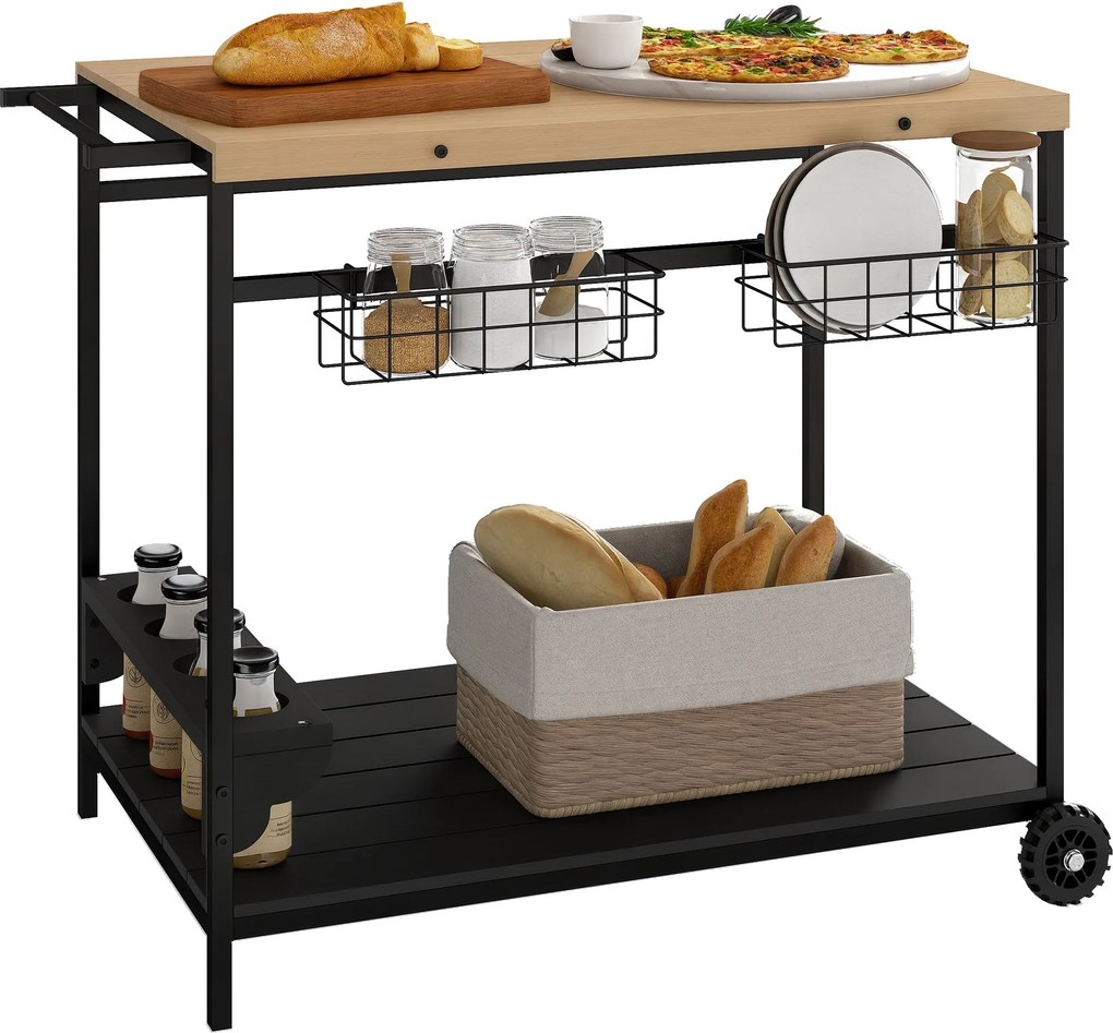 Dřevěný pojízdný servírovací vozík Outsunny s 2 policemi, 2 kovovými koši a držáky na víno pro zahradu a patio 97,5x65x81 cm Přirozená a Černá | Aosom