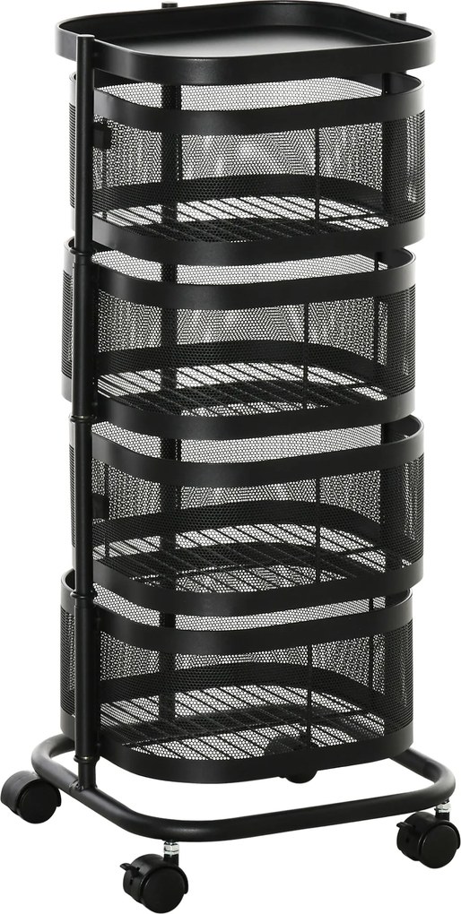 HOMCOM Servírovací vozík se 4 drátěnými koši, horní policí a otočnými kolečky, ocel a PP plast, 33x33x77cm, černý | Aosom
