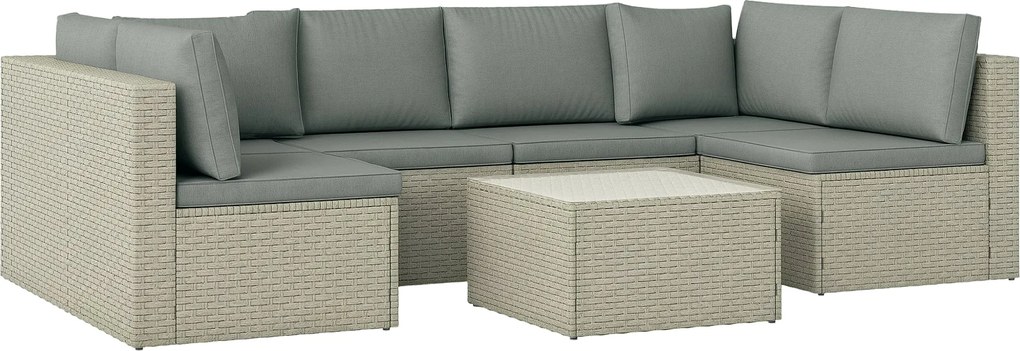 Modulární outdoorová souprava zahradního nábytku Outsunny pro 6 osob, balkonový nábytek z pleteného pryskyřice se soupravou a skleněným stolkem, odním