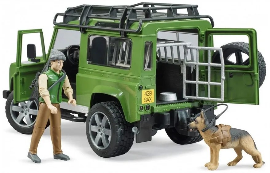 Bruder 02587 Land Rover Defender, figurka myslivce a psa