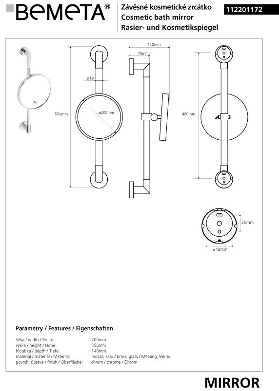 Bemeta Design Kosmetické zrcátko jednostranné na tyči, ø 200 mm -