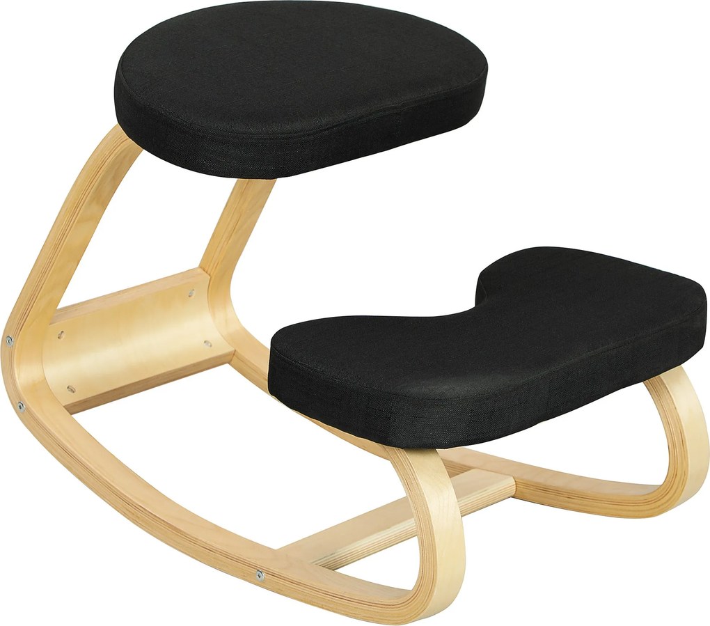 HOMCOM Ergonomická houpací kolenící židle v lněné efekt tkanině a z březového dřeva, 50x73x55 cm, Černá