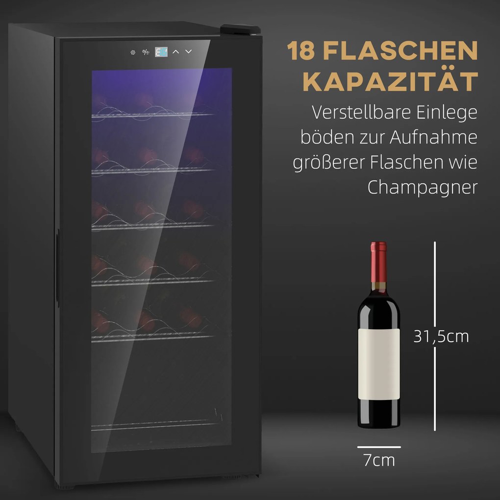 HOMCOM Chladnička na víno, kompresorová, na 18 lahví, 50 litrů, se skleněnými dveřmi, 5-18°, chladnička na lahve s dotykovým spínačem| Aosom