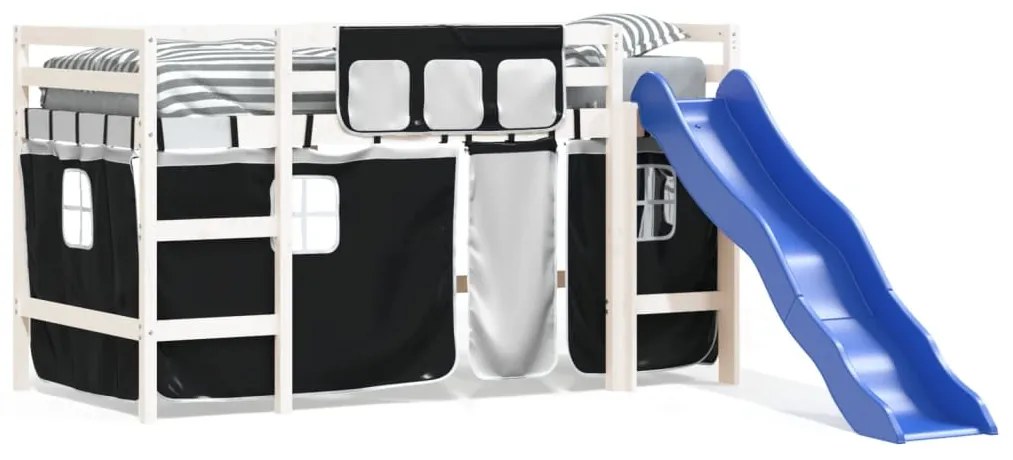 vidaXL Dětská patrová postel se závěsy bílá a černá 90x200 cm borovice