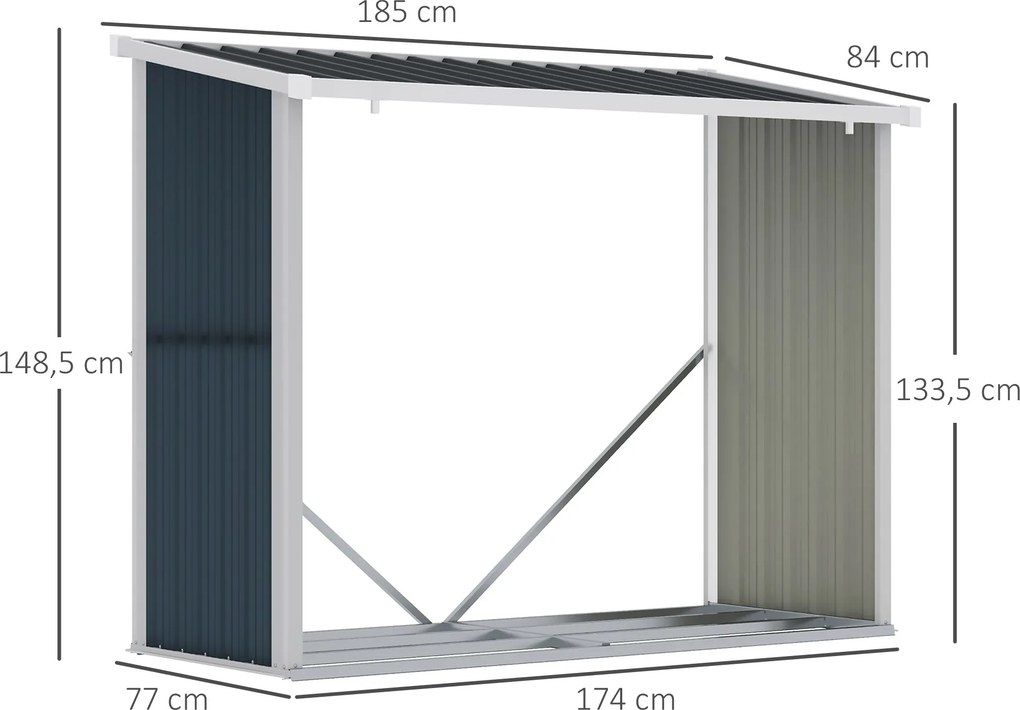 Outsunny Galvanizovaný Ocelový Přípravek na Dřevo se Šikmou Střechou pro Zahradní Terasu Exteriér 185x84x133,5/148,5 cm Šedý