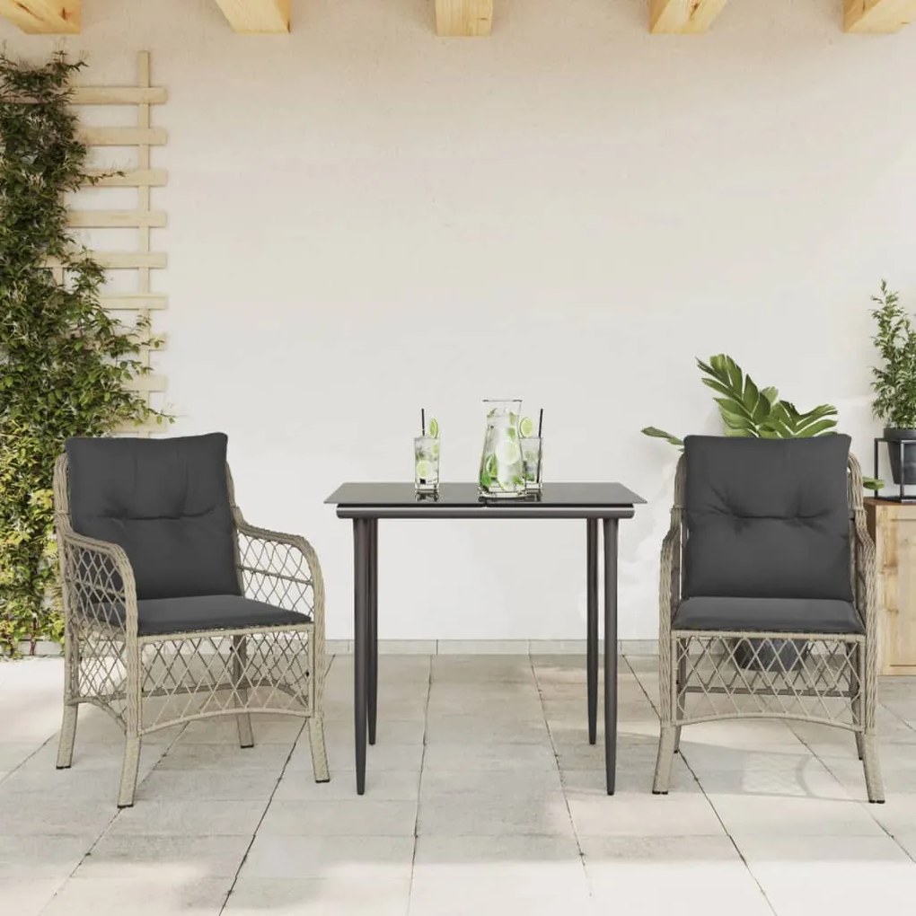 3dílný bistro set s poduškami světle šedý polyratan 3212166
