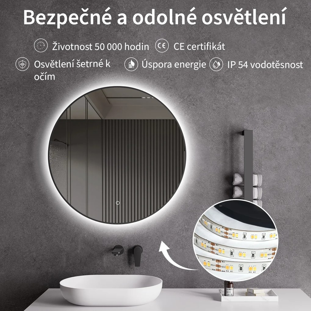 CERANO - Koupelnové LED zrcadlo Velo, kovový rám - černá matná - Ø 80 cm
