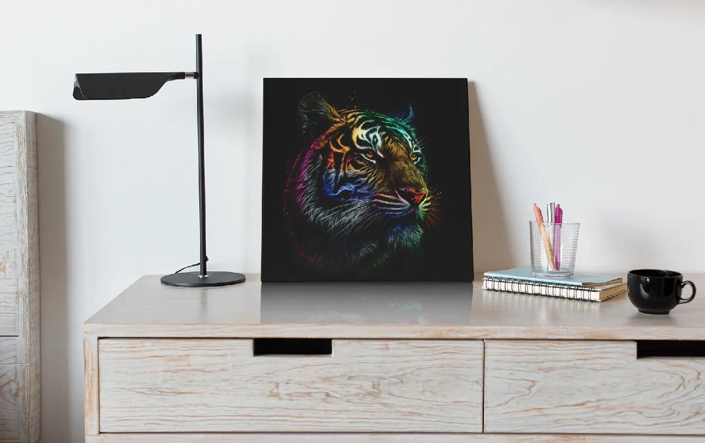 Obraz na plátně - barevný tygr na černém pozadí FeelHappy.cz Velikost obrazu: 100 x 100 cm