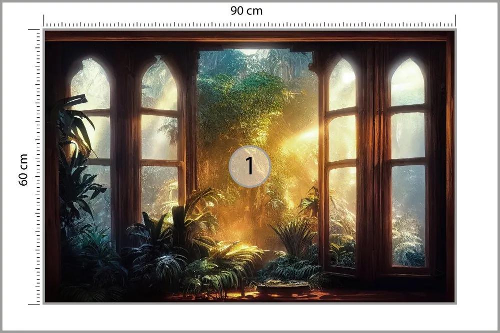 Fototapeta A Large Arch-Shaped Window, A Portal In The Dark Mystical Forest, The Sun&amp;#039;s Rays Pass Through The Window And Trees, Shadows. Fantasy Beautiful Forest Fantasy Landscape. 3D . Samolepící tapety 416x254