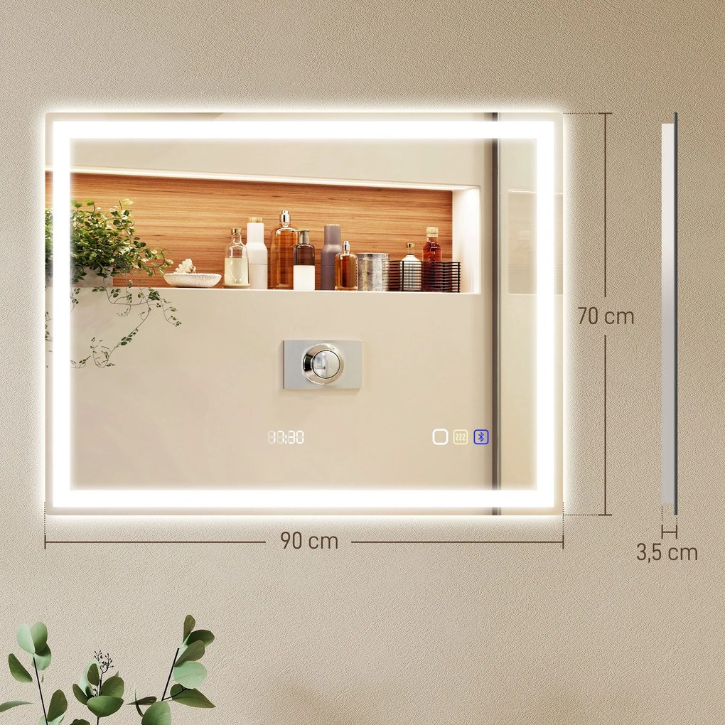 HOMCOM LED koupelnové zrcadlo Bluetooth 90 x 70 cm dotykový spínač, stmívatelné světlo 3 barvy, protimlž, paměť, stříbrné