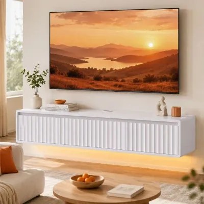 HOMCOM zavěšený TV nábytek 120 cm s LED osvětlením a zásuvkami, TV nábytek pro televizi 165,1 cm, bílá
