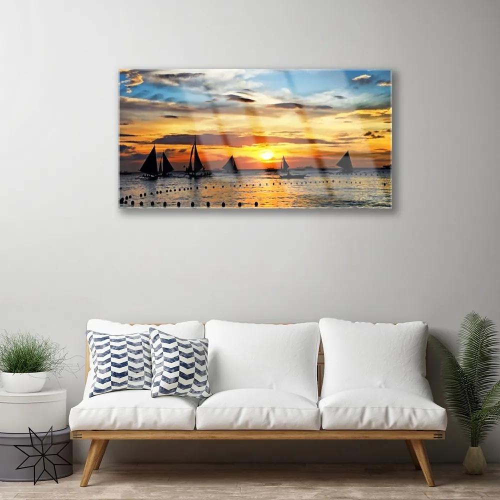 Obraz na skle Loďky Moře Slunce Krajina 120x60 cm
