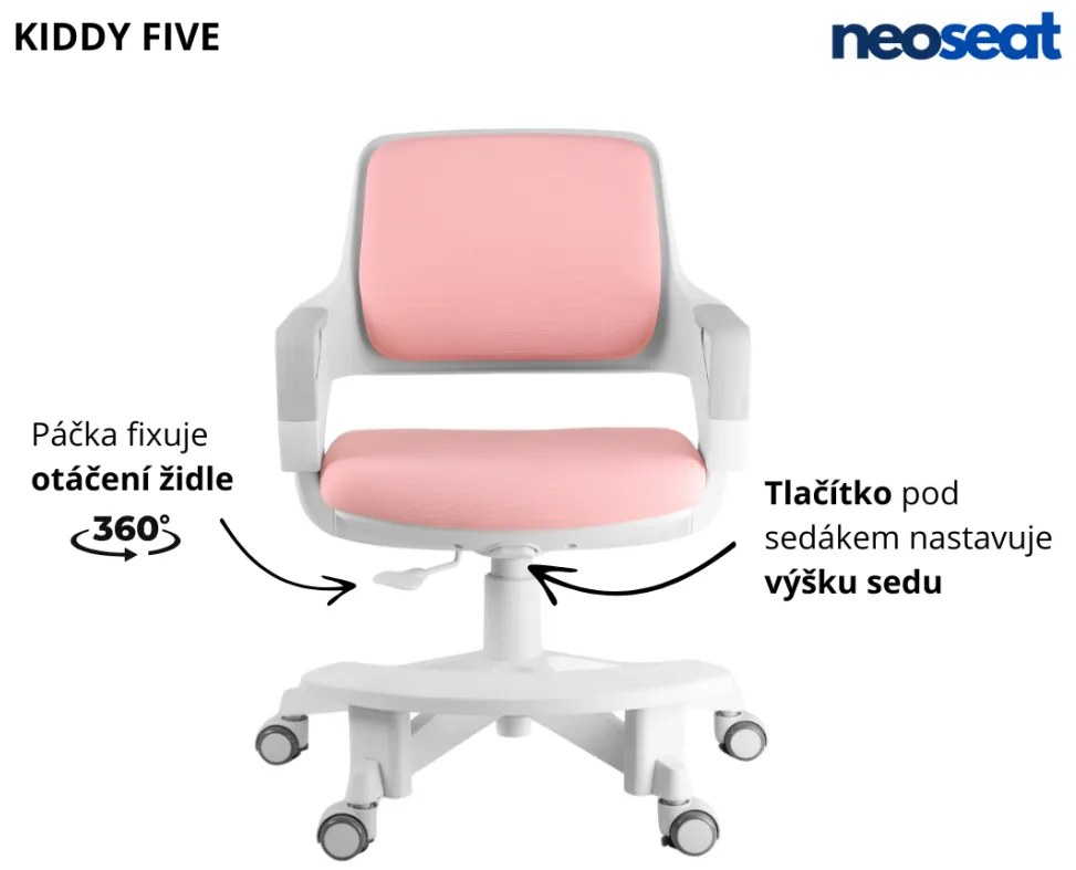 Dětská rostoucí židle Neoseat KIDDY FIVE — látka, pratelný potah, růžová
