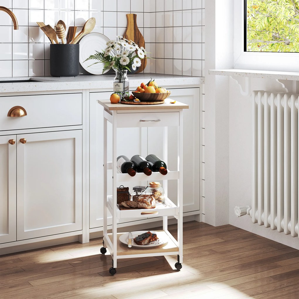 HOMCOM Kuchyňský vozík 4-patrový s kolečky a zásuvkami, regály a stojanem na víno pro kuchyň, obývací pokoj nebo jídelnu 37x37x76 cm Bílý