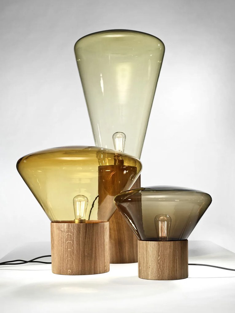 Designová lampa Brokis Muffins Wood 04 PC853 Barva skla: Cognac - transparentní sklo, Barva el. vedení: Textilní kabel -  červený, Dřevo: dub evropský - černě mořený (CCS592)