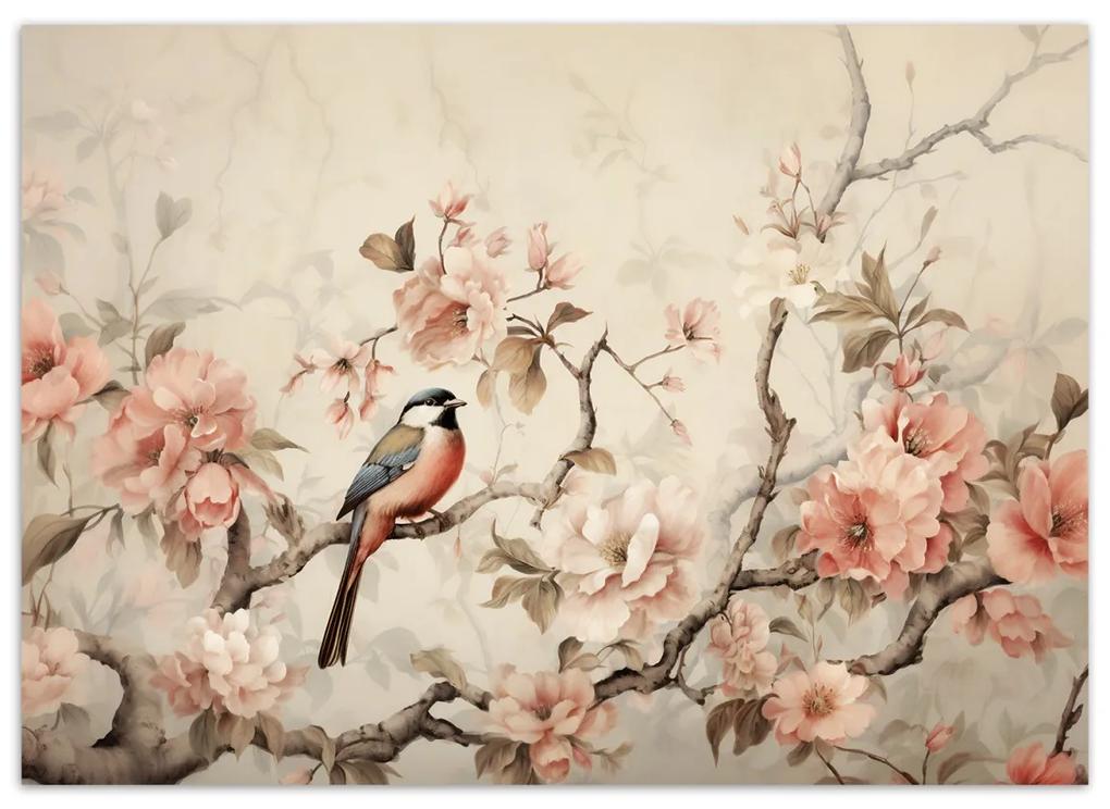 Fototapeta, Ptáci a květiny vintage - 100x70 cm