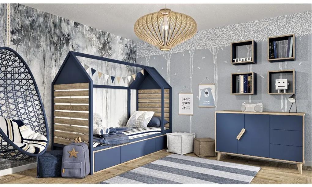 BAMI Dětské dřevěné jednolůžko domeček s úložným prostorem TUTU 90x200 cm Zvolte barvu: Modrá, dub sonoma