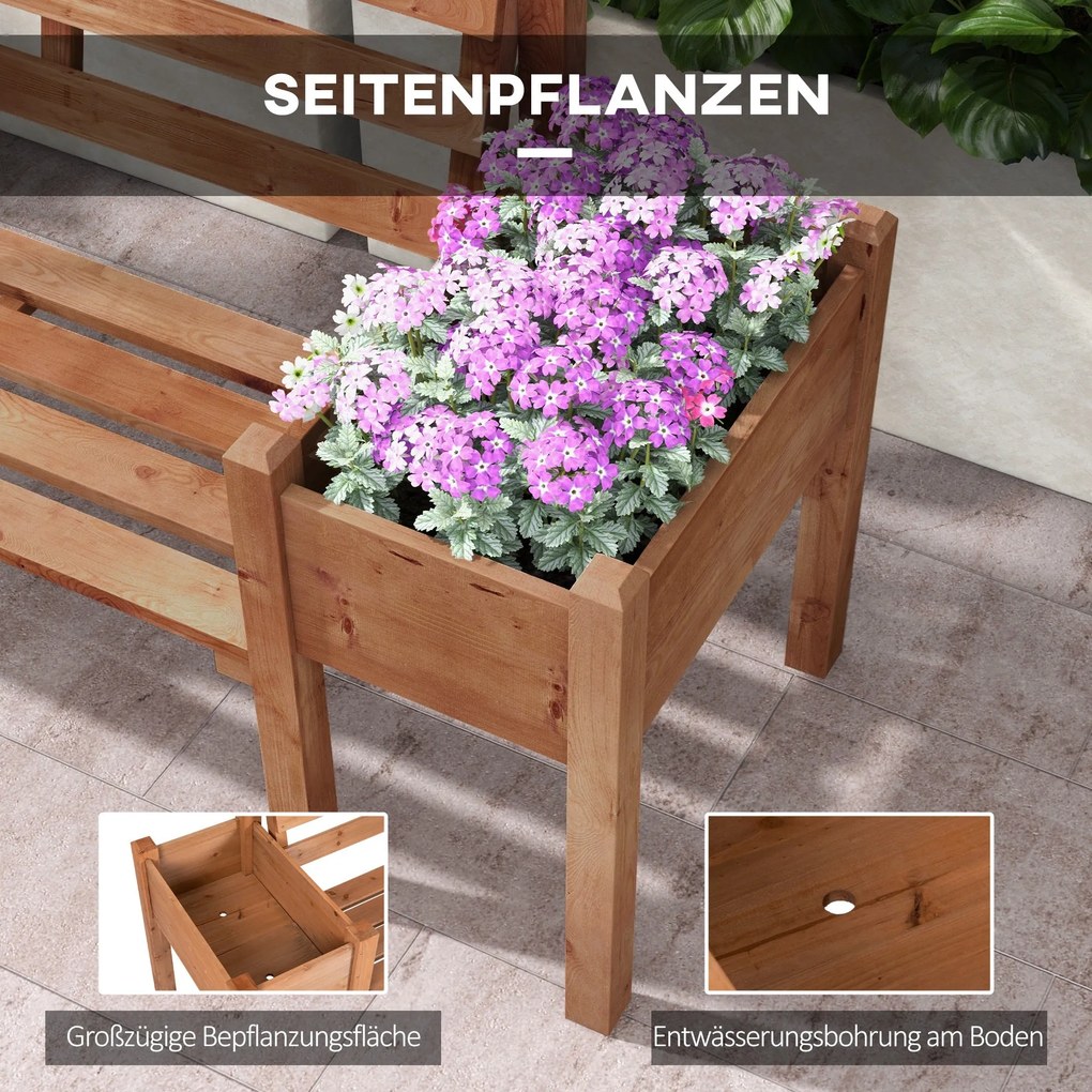 Zahradní lavička Outsunny, pro 2 osoby, dřevěná lavička s květináčem, vhodná do zahrady a na terasu, nosnost až 240 kg, 184 x 59 x 95 cm, tmavě hnědá