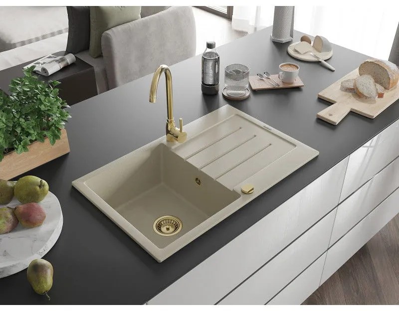 Mexen Bruno, granitový dřez 795x495x200 mm, 1-komorový, béžová se zlatým sifonem, 6513791010-69-G