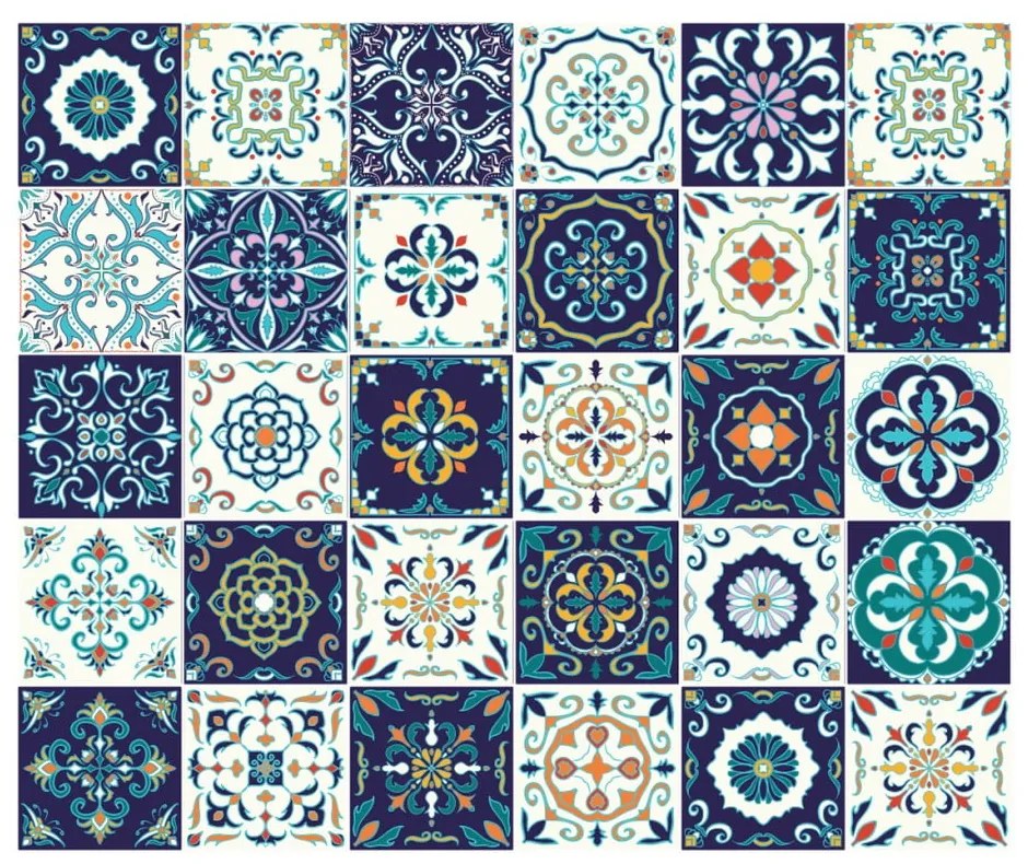 Sada 30 nástěnných samolepek Ambiance Tiles Azulejos Forli, 10 x 10 cm