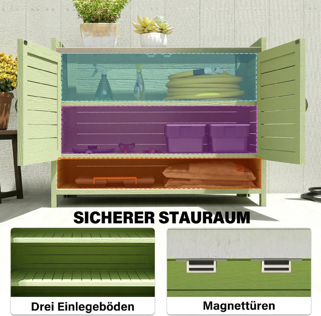 Sázecí stolek se skříňkou na dřevěném podstavci Venkovní zahradní skříňka s pozinkovanou pracovní deskou 3 police 88x40x70,5cm Zelená barva