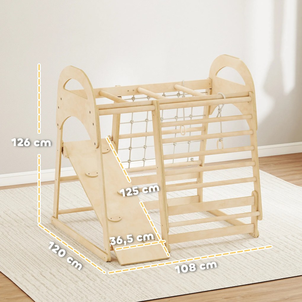 AIYAPLAY Vnitřní horolezecká konstrukce, 6v1 design, skluzavka, lezecké tyče, lezecká stěna, žebřík, lezecká síť, 3-6 let, dřevo