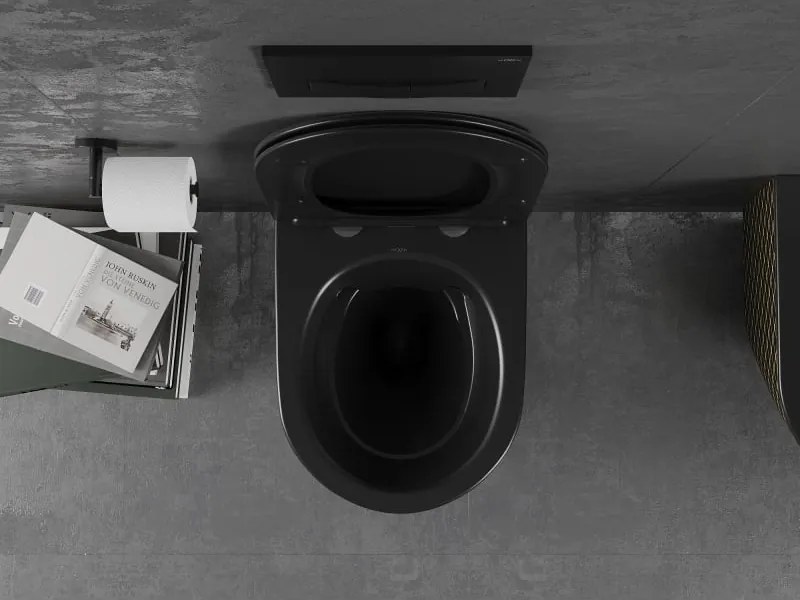 Mexen Lena WC mísa Rimless se záchodovým prkénkem s pomalým sklápěním slim, duroplast, černá mat/zlatý vzor mřížka