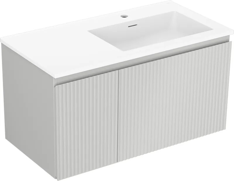 Mexen Rivel, koupelnová skříňka 90 cm s pravým umyvadlem Otis, 1S, 1D, drážkovaná, šedá matná/bílá matná - 91A23-09047-3-BBFF62-W18P01