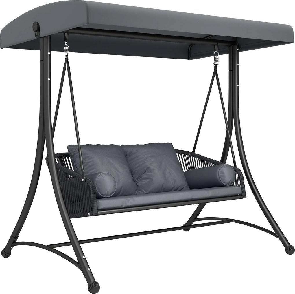 Outsunny ratanová houpačka Hollywood — 2místná zahradní lavice s nastavitelnou stříškou a polštáři, nosnost 240 kg, 178 × 120 × 172 cm | Aosom