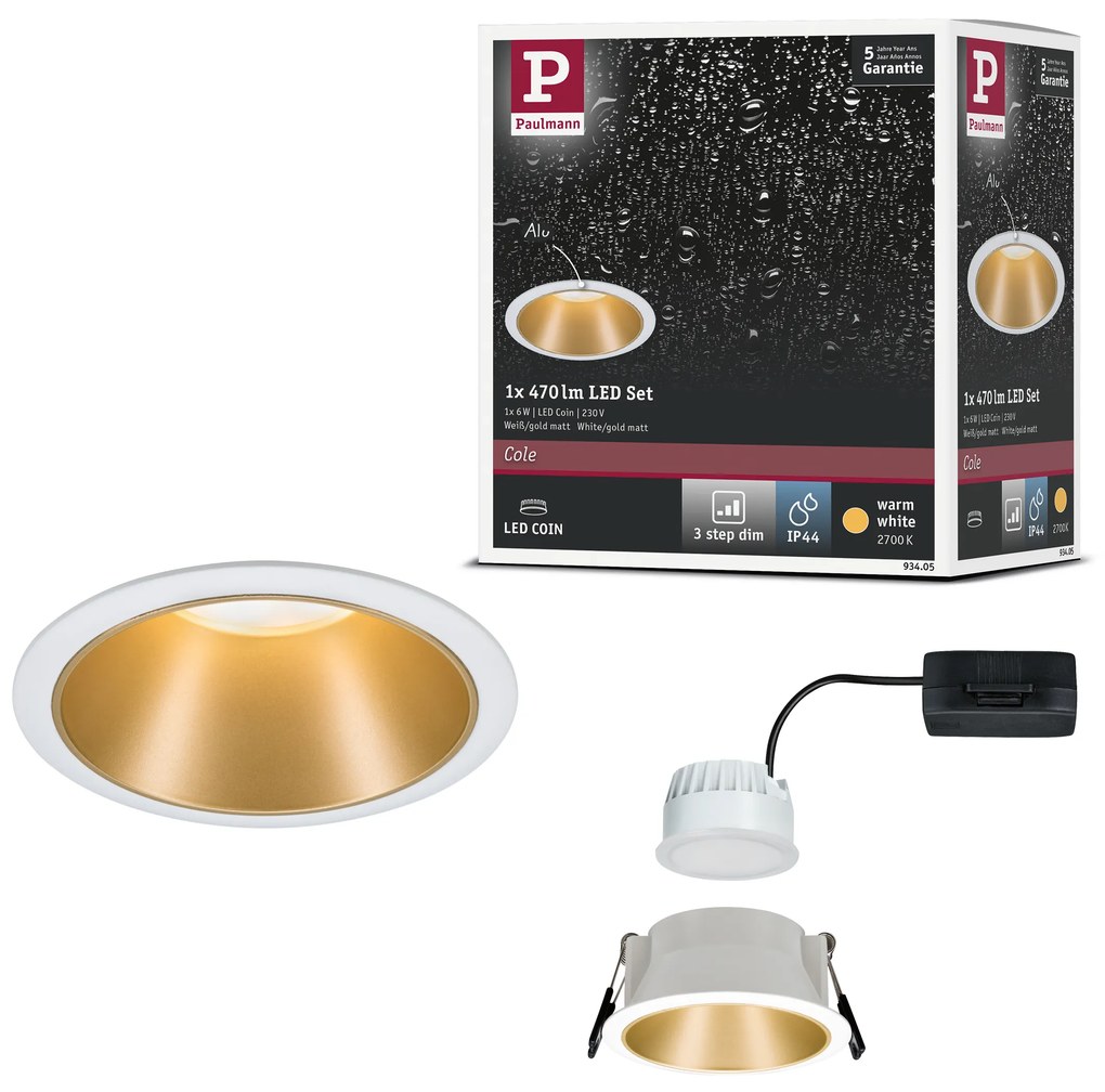 Paulmann 93405 Cole Coin, bodovka v bílo-zlaté úpravě, 1x6W LED 2700K tříkrokové stmívání, prům. 8,8cm, IP44