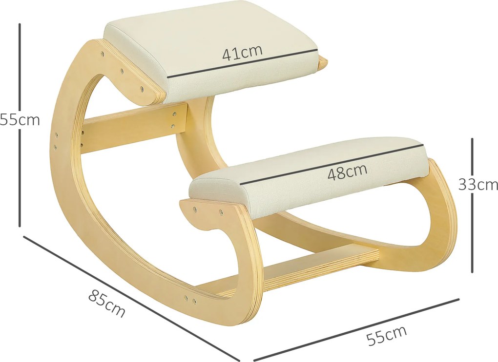 HOMCOM Křeslo na kolenou s houpacím mechanismem, ergonomické křeslo v lněné tkanině a břízovém dřevě, 55x85x55 cm, krémová