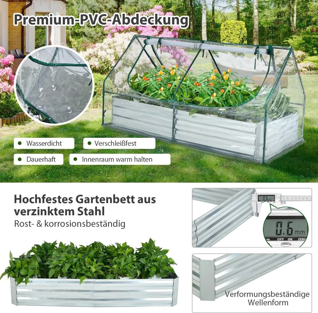 Costway Velká pozinkovaná vyvýšená postel se skleníkem – 180 × 90 × 91 cm