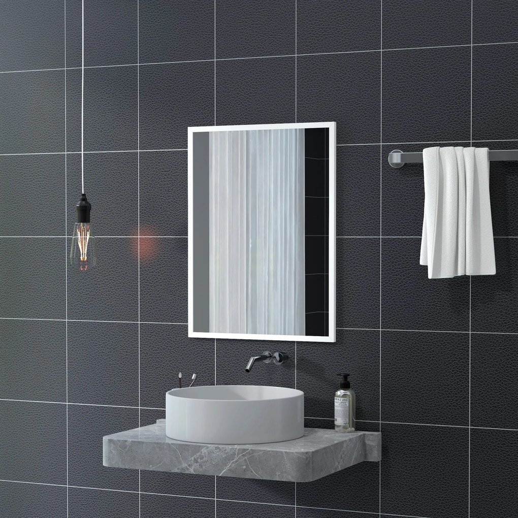 HOMCOM Obdélníkové Zrcadlo na Zeď 60 x 80 cm, MDF Rám, ideální do koupelny, obývacího pokoje nebo ložnice, bílá