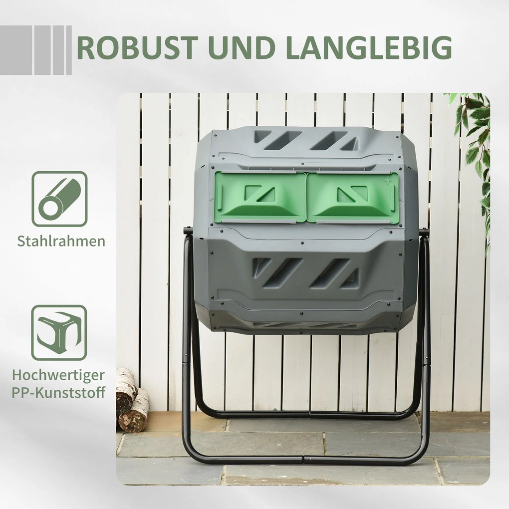 Bubnový kompostér Outsunny 160 l s možností otáčení a 2 přihrádkami na organický odpad, účinný a robustní, zahradní kompostér v šedé barvě