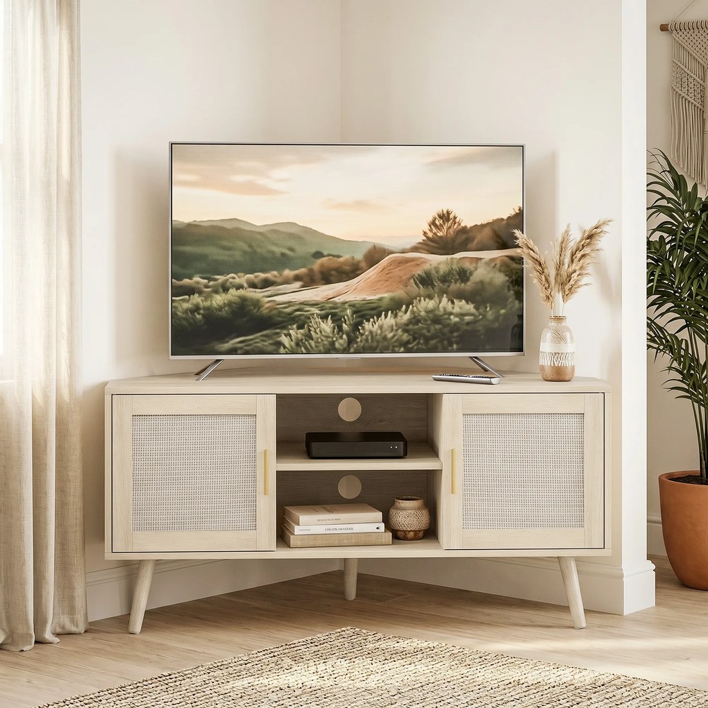 HOMCOM rohový televizní nábytek 115 cm, nábytek pod televizi pro televize až 65 palců, 2 ratanové dveře, 2 přihrádky, dub