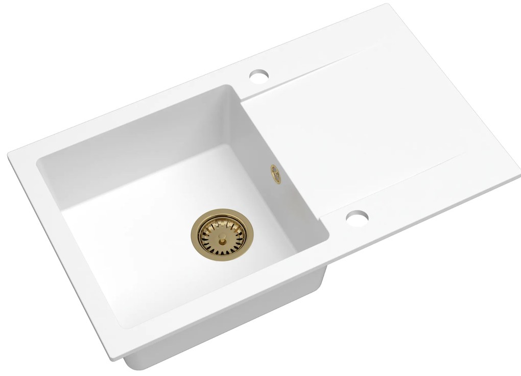 Sink Quality Ferrum, kuchyňský granitový dřez 770x450x190 mm + zlatý sifon, bílá, SKQ-FER.W.1KDO.XG