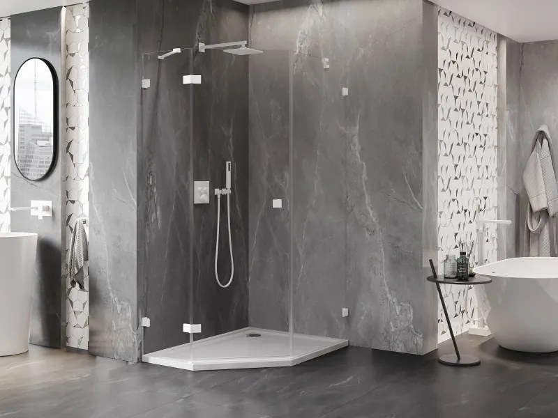 Mexen Lunar, Pětiúhelníkový sprchový kout Mexen Lunar s výklopným levým oknem 80 x 90 cm, 8mm čiré sklo, bílý profil, 831-080L-090P-01-20-L