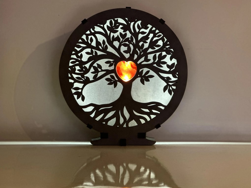 Li-Go "Strom života s podsvíceným achátovým srdcem" dřevěná lampa, černá s patinou  20x22cm