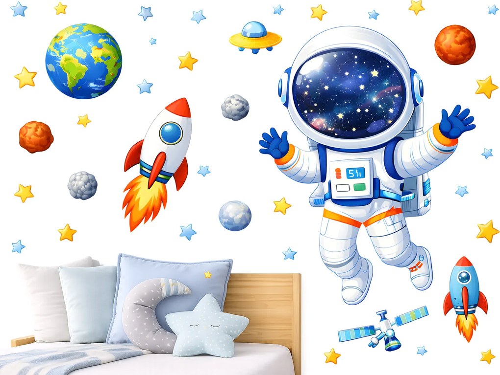 Malý kosmonaut textilní přelepitelné samolepky na zeď arch 46 x 45 cm