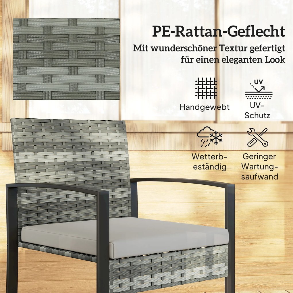 Ratanový bistro set, 3dílná sada zahradního nábytku se 2 zahradními židlemi, konferenčním stolkem, odnímatelnými polštáři, světle šedý