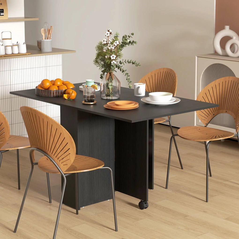 HOMCOM Skládací Stůl na Kolečkách, Moderní Jídelní Stůl, Úsporný Skládací, Moderní Design, s Kolečky, Úložné Poličky, 140 × 80 × 74 cm, Černý
