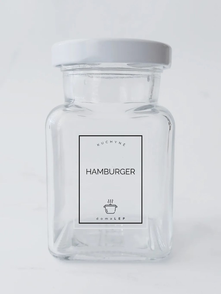 Samolepka na kořenky HAMBURGER průhledná 3 × 4 cm základní písmo