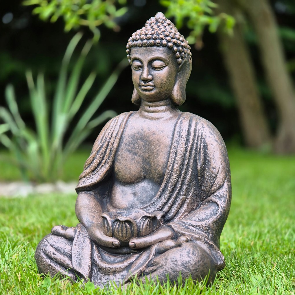 Betonová zahradní figurka Buddha s květem Měď 40 cm, 12 kg, dekorace z betonu
