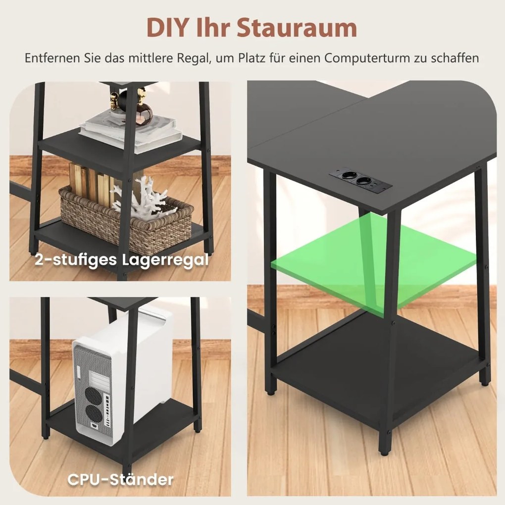 Costway Desk Rohový stůl ve tvaru L se zásuvkami a USB porty – 120 × 120 × 75 cm