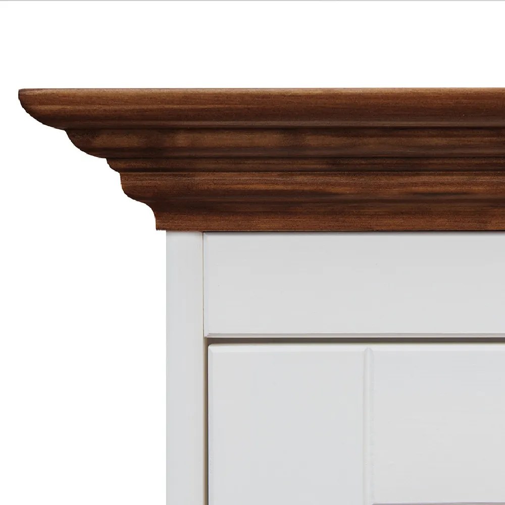 Massive home | Belluno Elegante bílá úzká vitrína z masivu s ořechovou deskou pravá