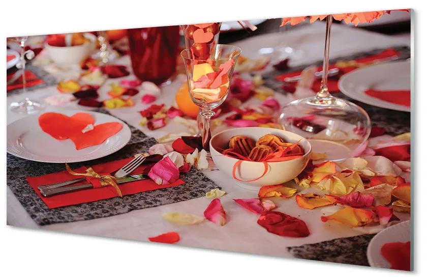 akrylový obraz Srdce okvětní lístky růží večeře brýle 120x60 cm