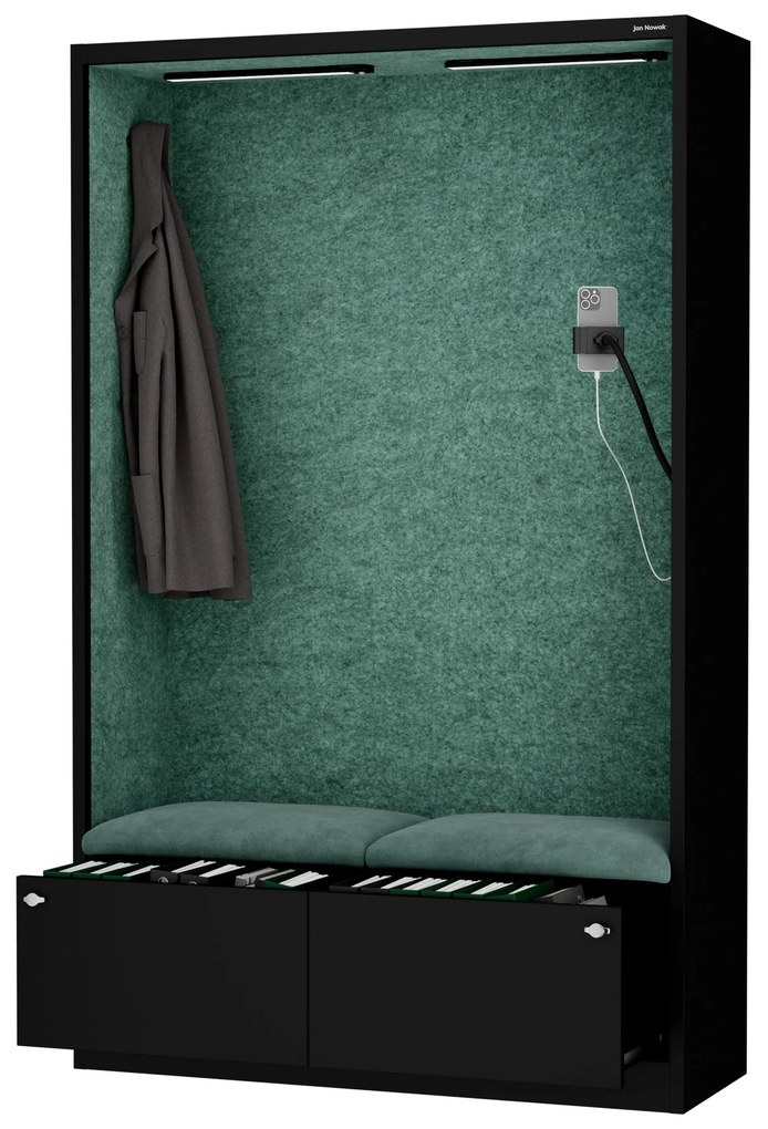 Kancelářská akustická kabina se sedátkem a USB-C portem, korpus černý / sedák zelený, 1150 mm: SALLY MentalBox
