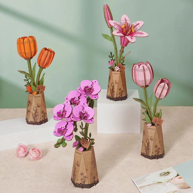 RoboTime 3D dřevěná skládačka Růžový tulipán