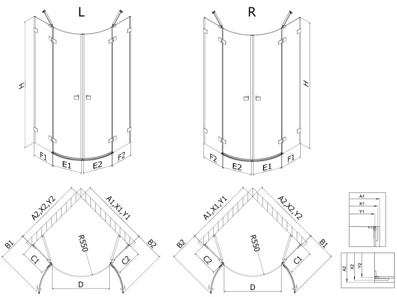 Mexen Lunar, půlkruhový sprchový kout naklápěcí doleva 100 x 90 cm, 8mm čiré sklo, zlatý matný profil, 833-100L-090P-55-00