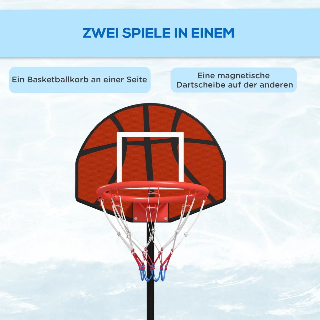 Basketbalový koš SPORTNOW s nastavitelnou výškou 129-179 cm a stojanem, včetně magnetické tabule na šipky pro vnitřní i venkovní použití